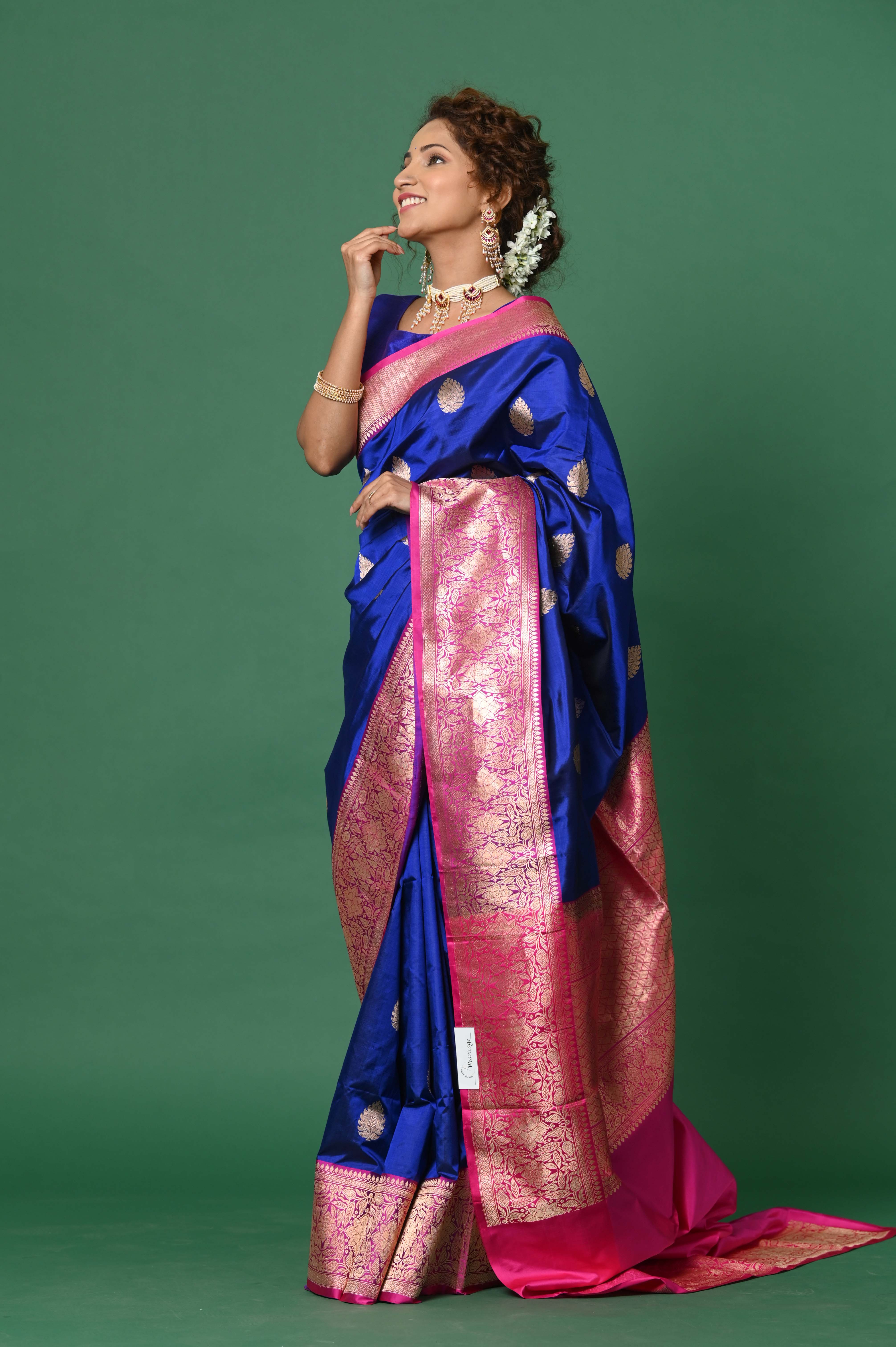 Royal Blue Pure Katan Silk Handloom Banarasi Saree with Rani Border ...