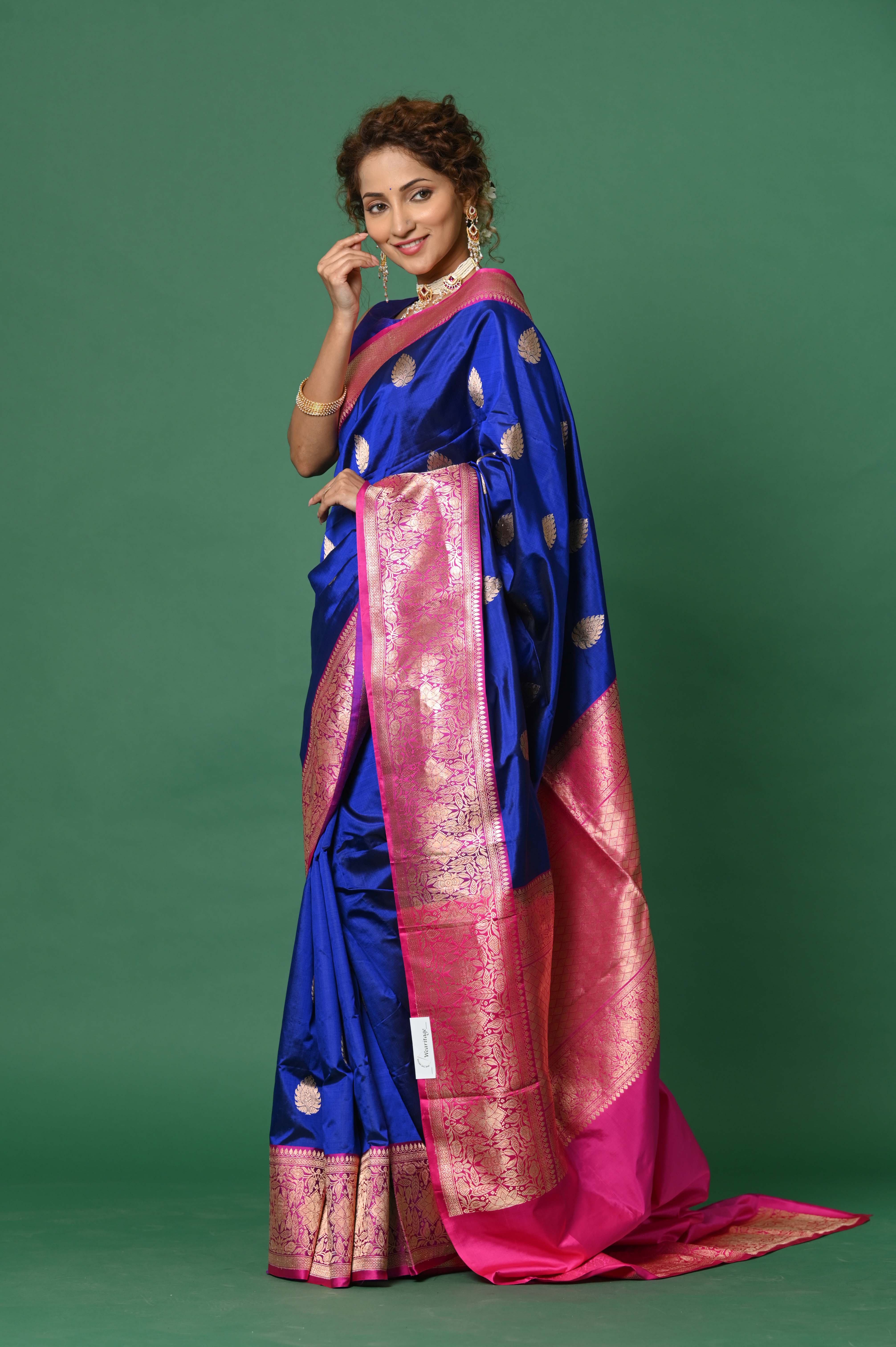 Royal Blue Pure Katan Silk Handloom Banarasi Saree with Rani Border ...